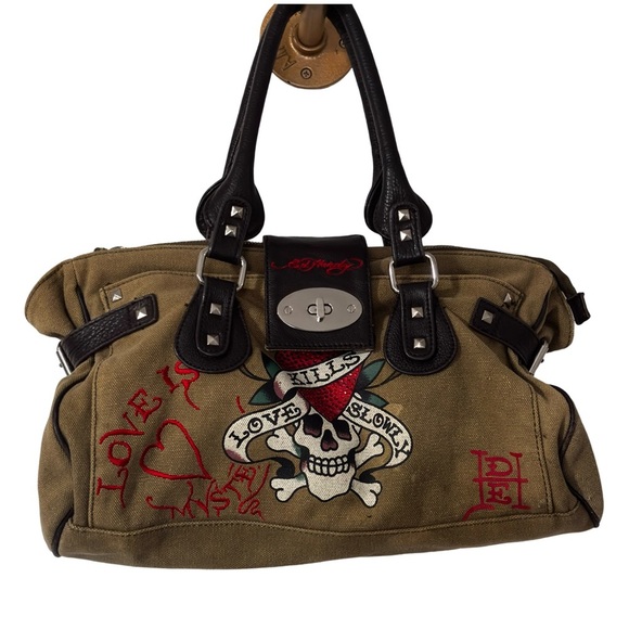 Ed Hardy | Bags | Ed Hardy Tan Canvas Tote Satchel Bag With Skull ...